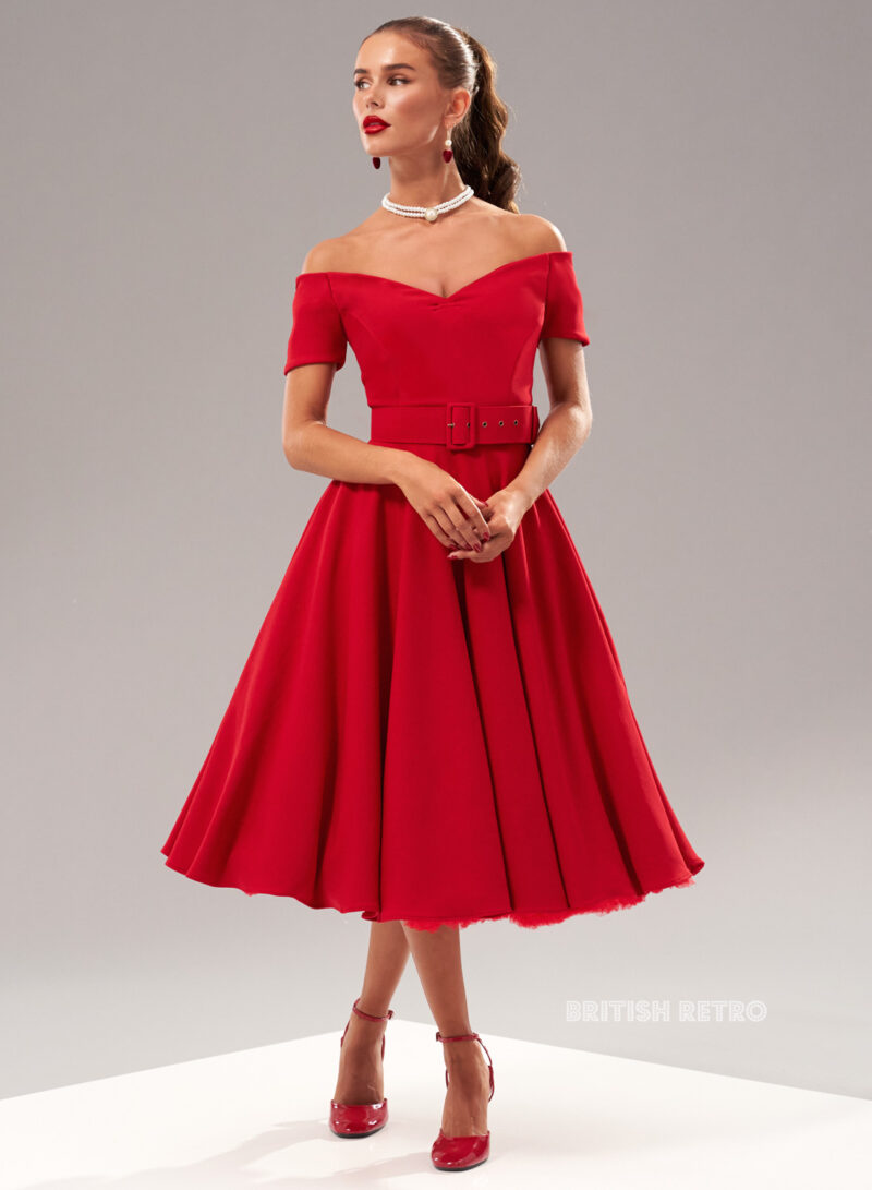 'Dee Dee' Red Drape Vintage Style Full Circle Dress | British Retro