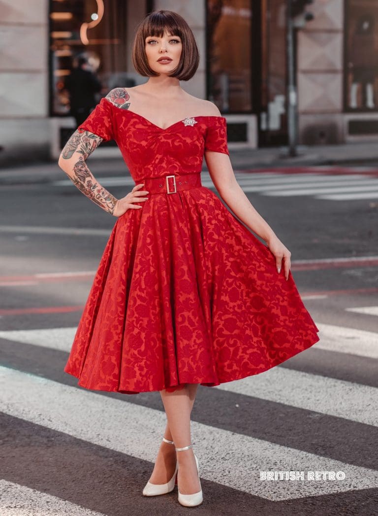 Dee Dee Red Satin Jacquard Full Circle Dress - British Retro