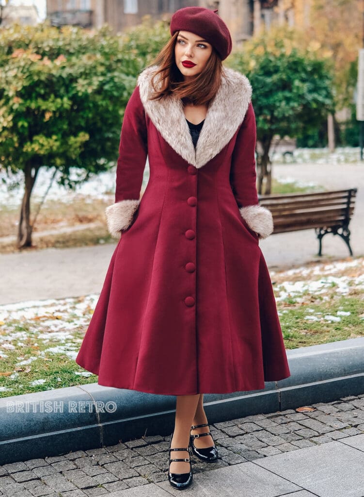 Wonderland 1950s Style Claret Coat Made in the UK. | British Retro
