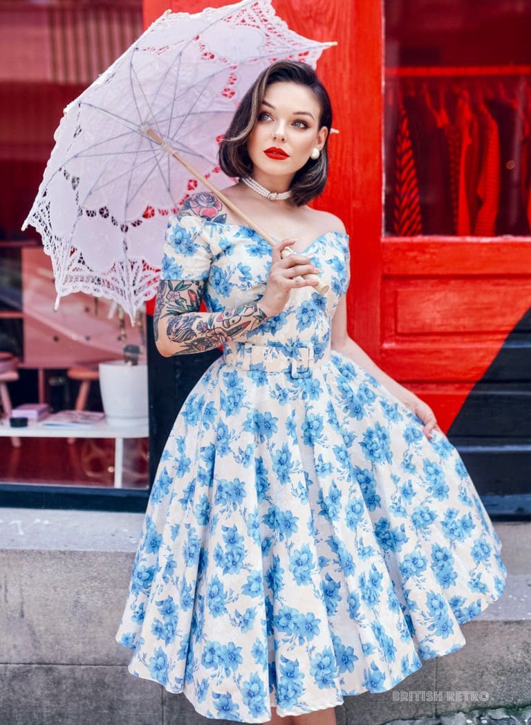 'Dee Dee' Blue Floral Ivory 50s Full Circle Dress | British Retro