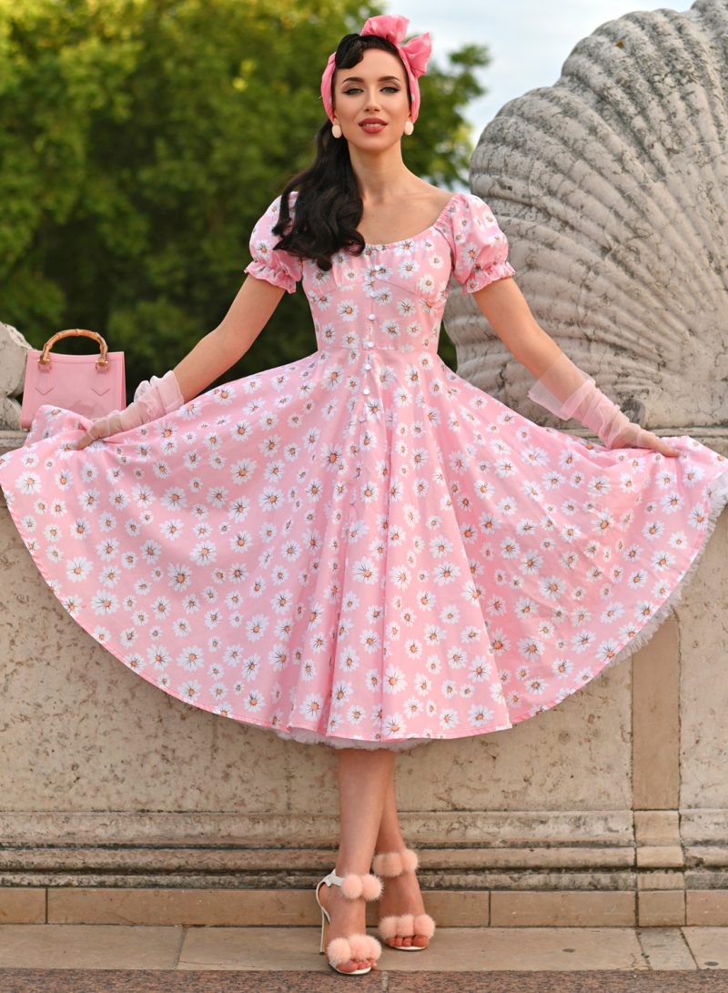 'Carmen' Pink Daisy 50s Style Multi-Wear On/Off Shoulder Dress ...