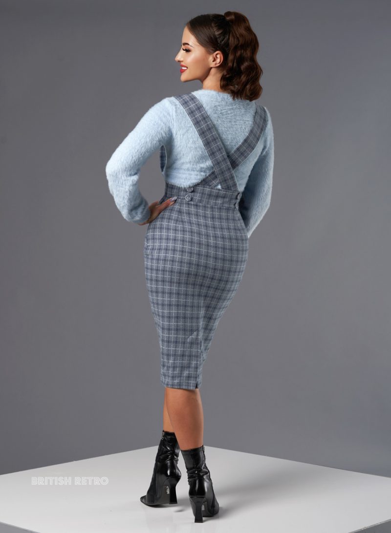 'Dixie Doll' Brushed Check Blue Vintage Pencil Skirt | British Retro