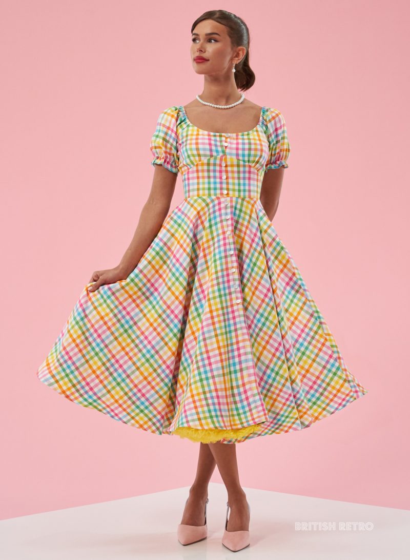 'Carmen' Bright Check Vintage Style Full Circle Dress | British Retro