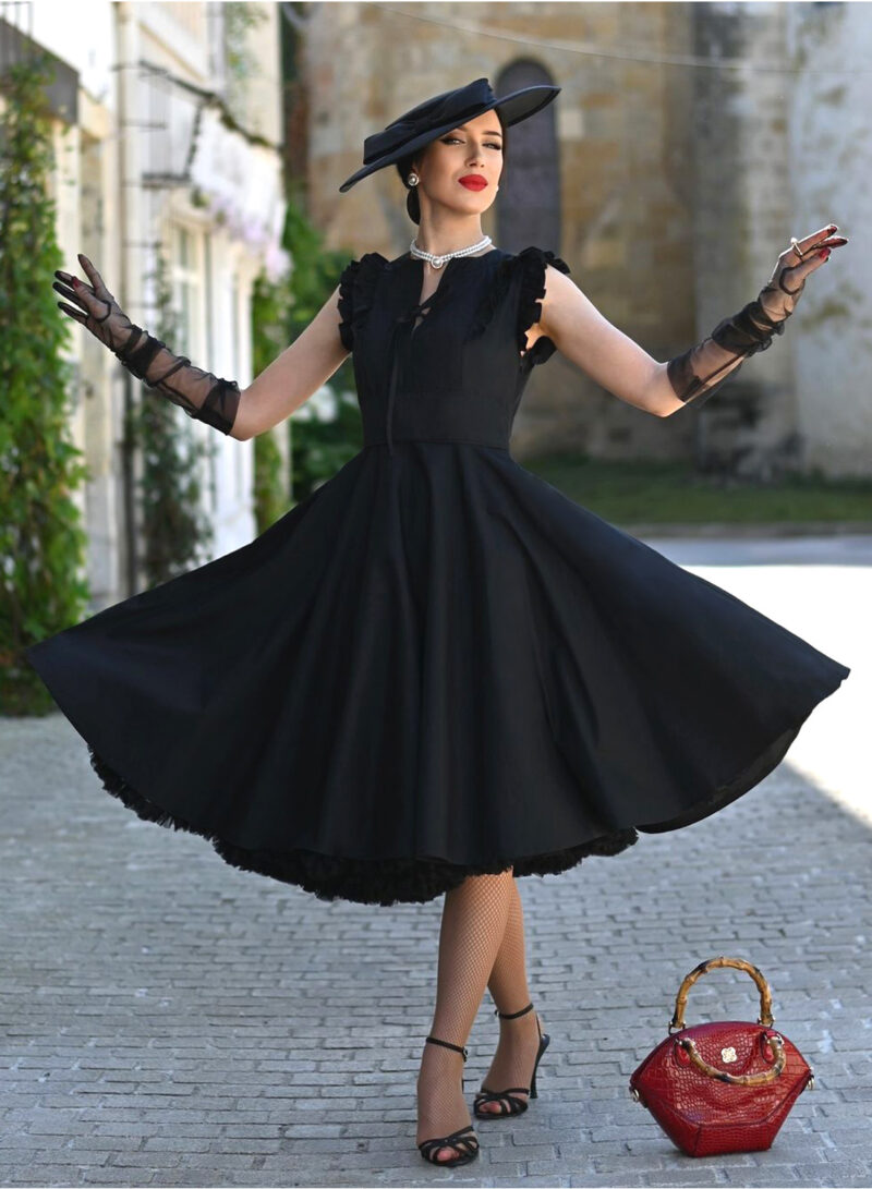 'Birdy' Black 50s Style Full Circle Dress | British Retro