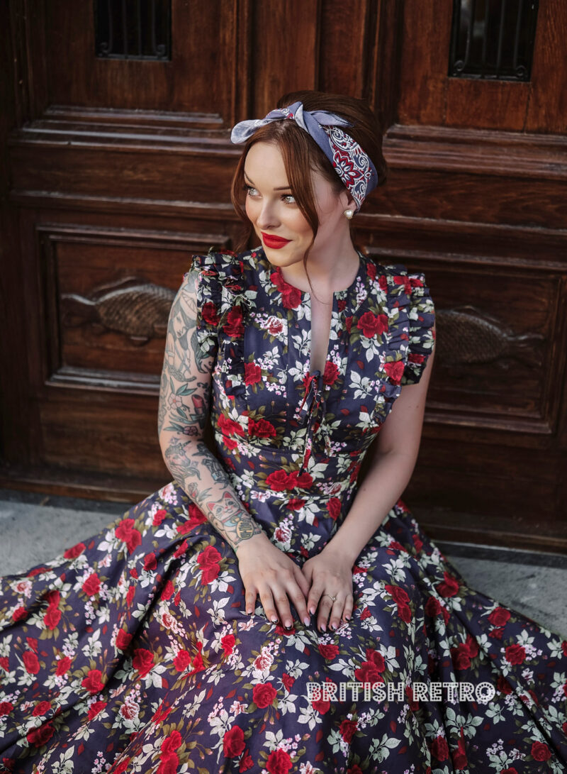 'Birdy' Navy Rose 50s Full Circle Dress. Last Chance! | British Retro