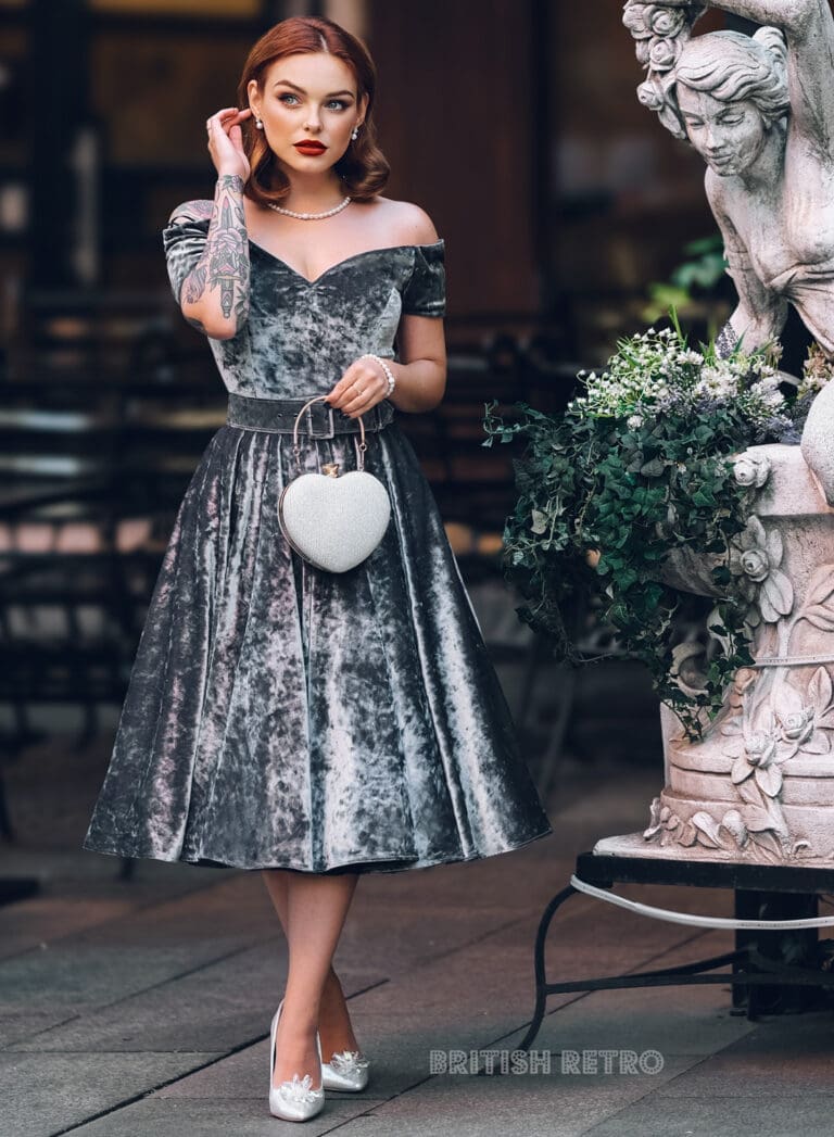 'Dee Dee' Silver Crushed Velvet Vintage Full Circle Dress | British Retro