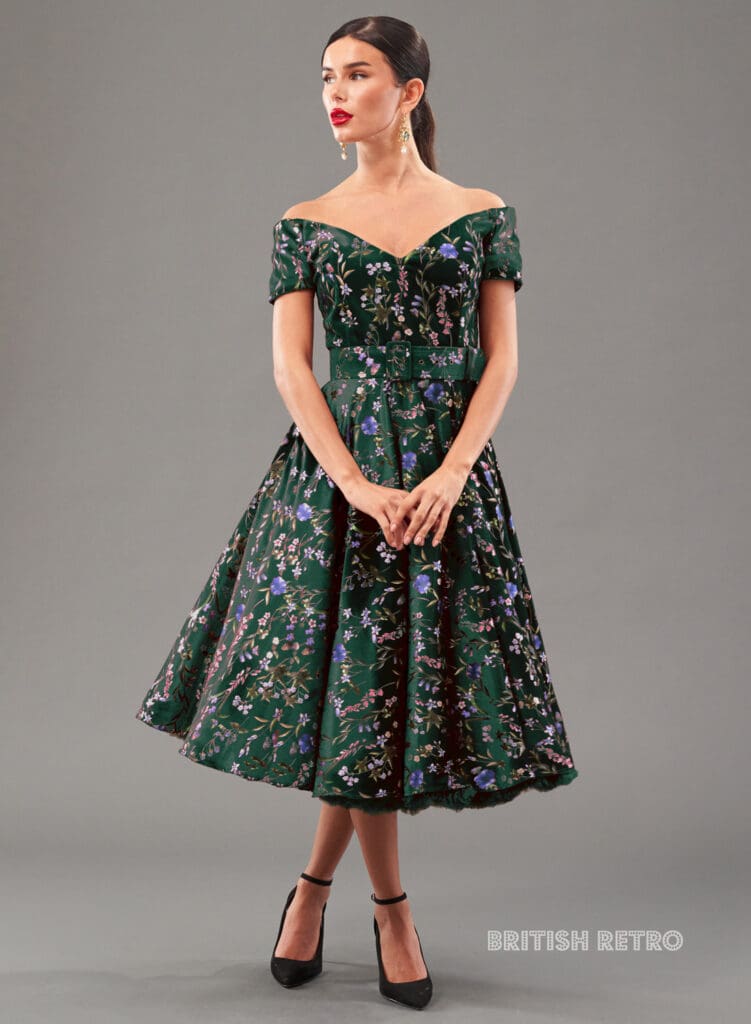 Dee Dee' Shimmer Forest Floral Velvet 50s Style Dress | British Retro
