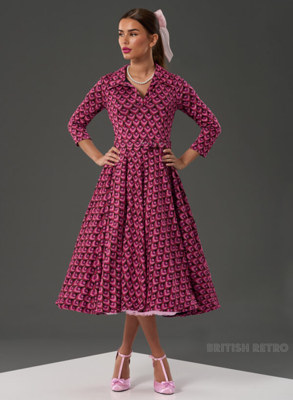Bibi Art Deco Fuchsia 50s Style Full Circle Dress | British Retro