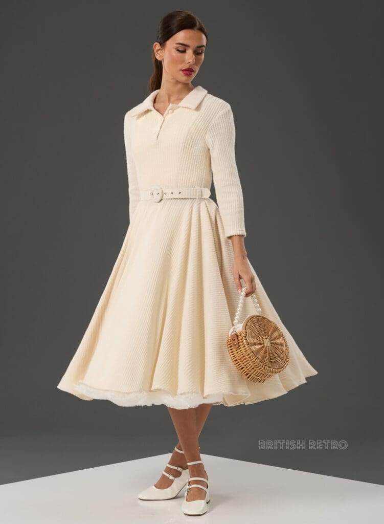 Bibi Ribbed Ivory 50s Style Full Circle Dress | British Retro