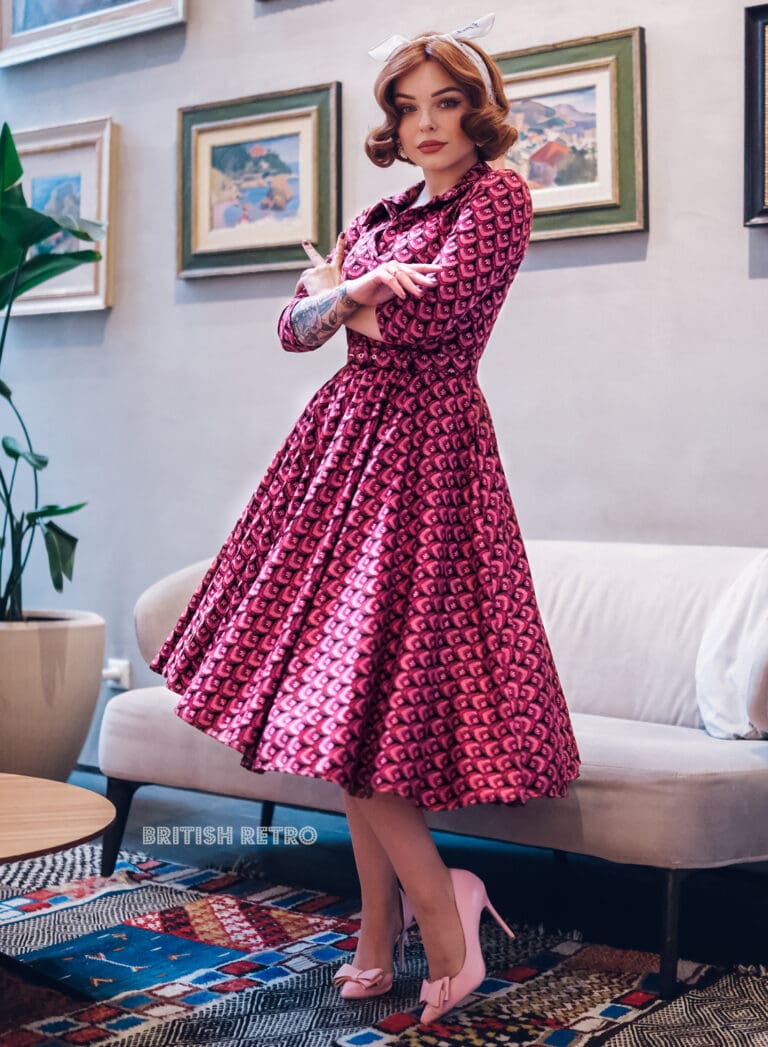 Bibi Art Deco Fuchsia 50s Style Full Circle Dress | British Retro