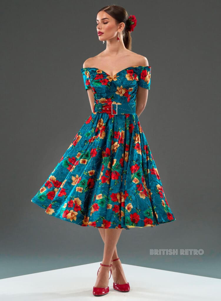 Dee Dee Vivid Blooms Embellished Ocean Blue Floral Vintage Style Dress ...