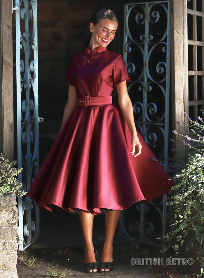 New! Jasmine Duchess Satin Wine 50s Style Evening Dress | British Retro
