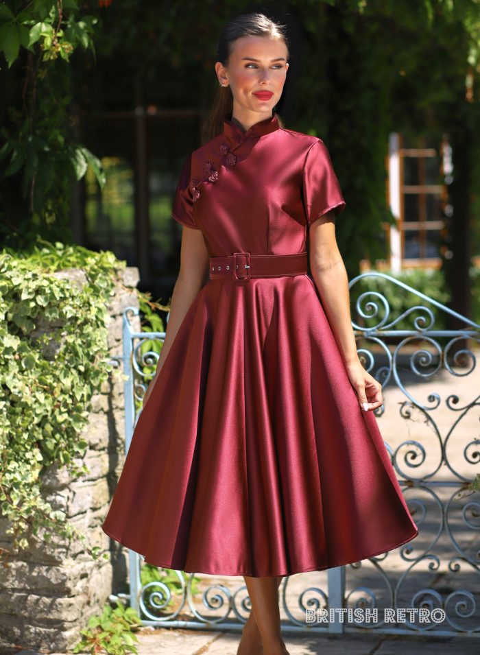 New! Jasmine Duchess Satin Wine 50s Style Evening Dress | British Retro
